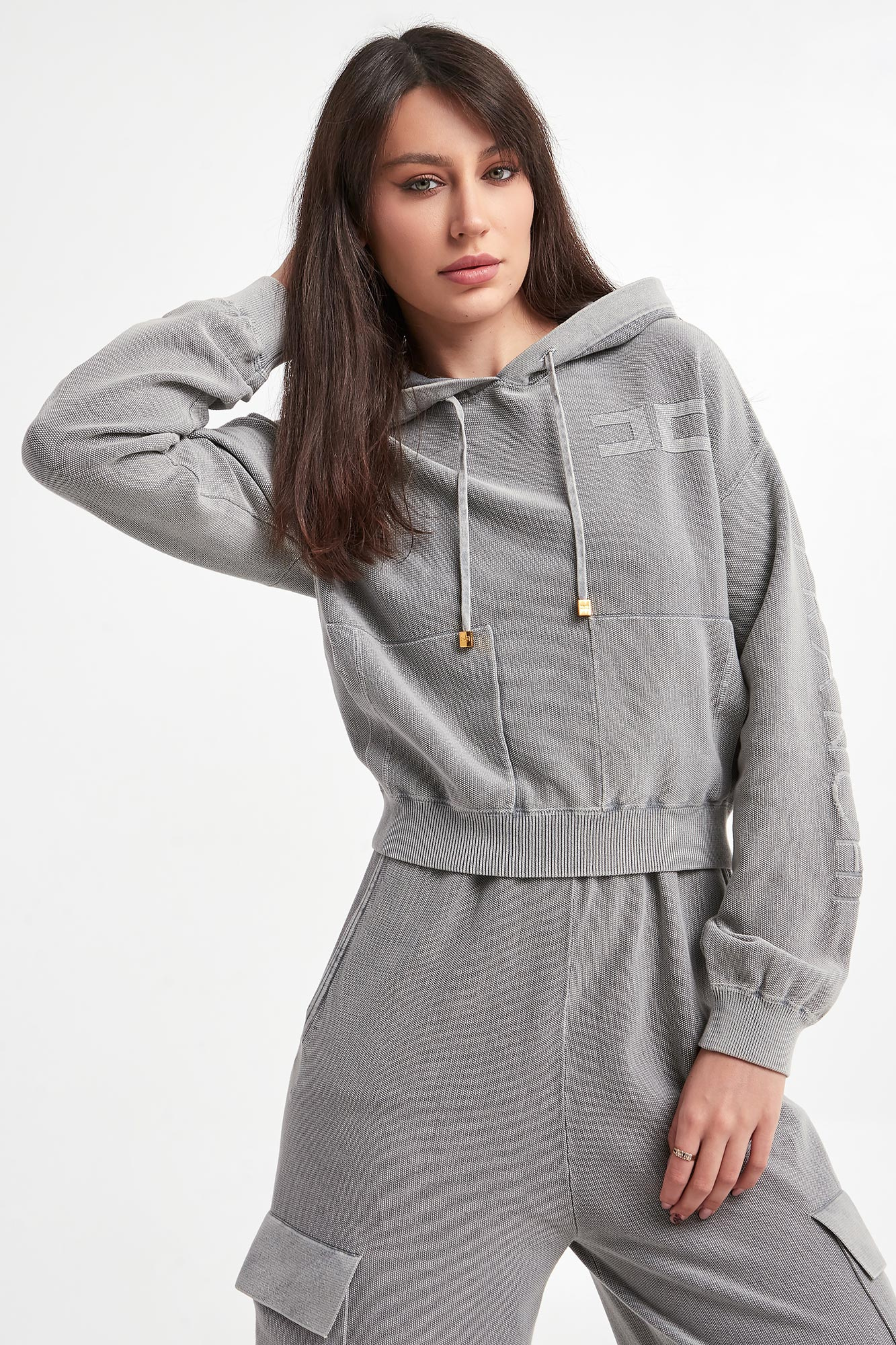 Sweter damski z kapturem ELISABETTA FRANCHI Szary Regular MK02S41E2/155 ...